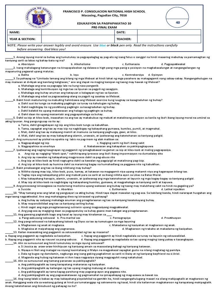 4TH Grading Exam in Esp 10 | PDF