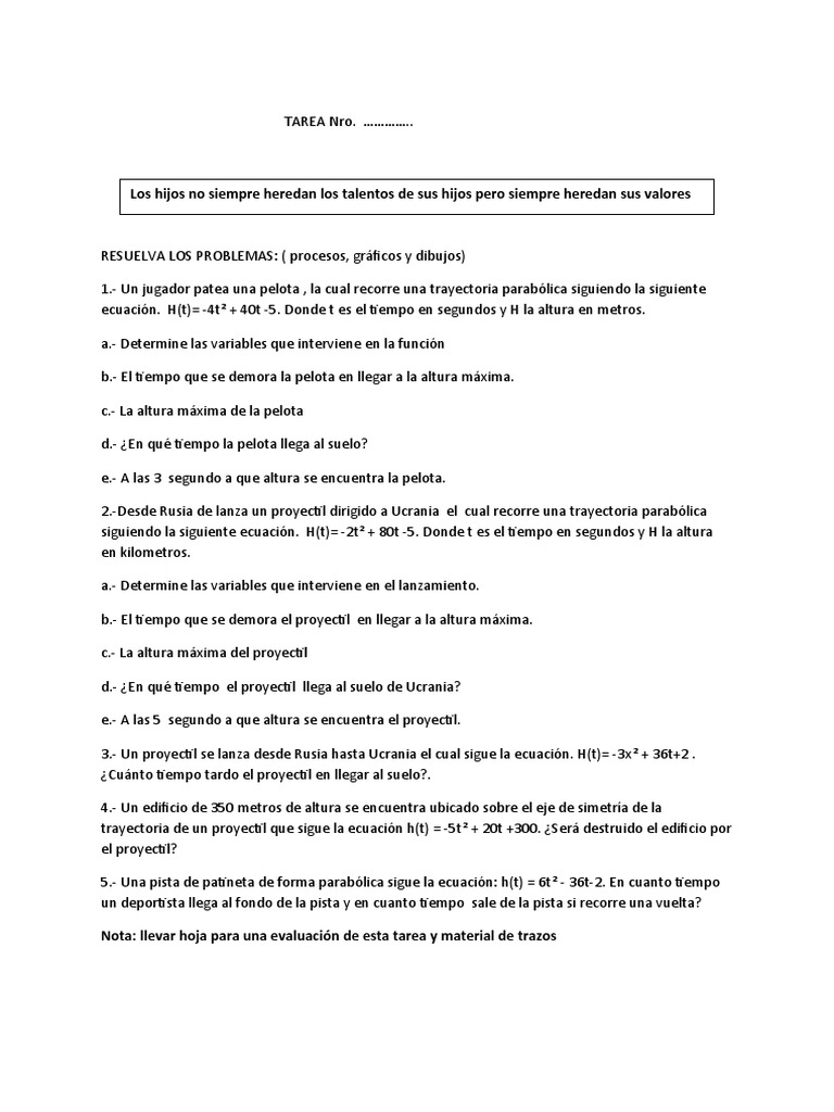 3.TAREA Problemas de Funcion Cuadrática | PDF