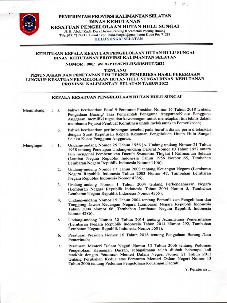 Penunjukan Dan Penetapan Tim Teknis Pemeriksa Hasil Pekerjaan Lingkup KPH HS | PDF