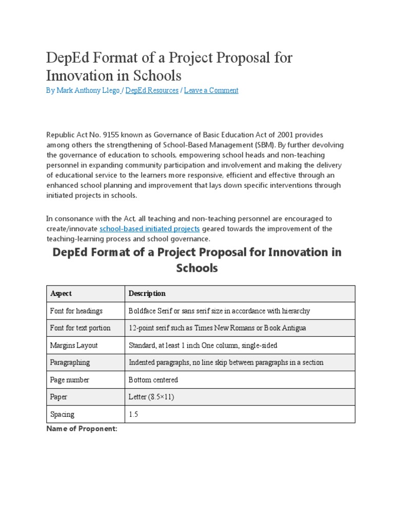 DepEd Format of A Project Proposal For Innovation in Schools | PDF ...