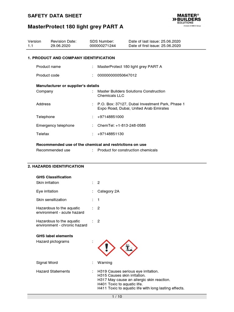 MasterProtect 180 Safety Data Sheet | PDF