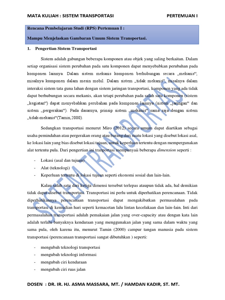 MATERI PERTEMUAN I - Sistem Transportasi | PDF