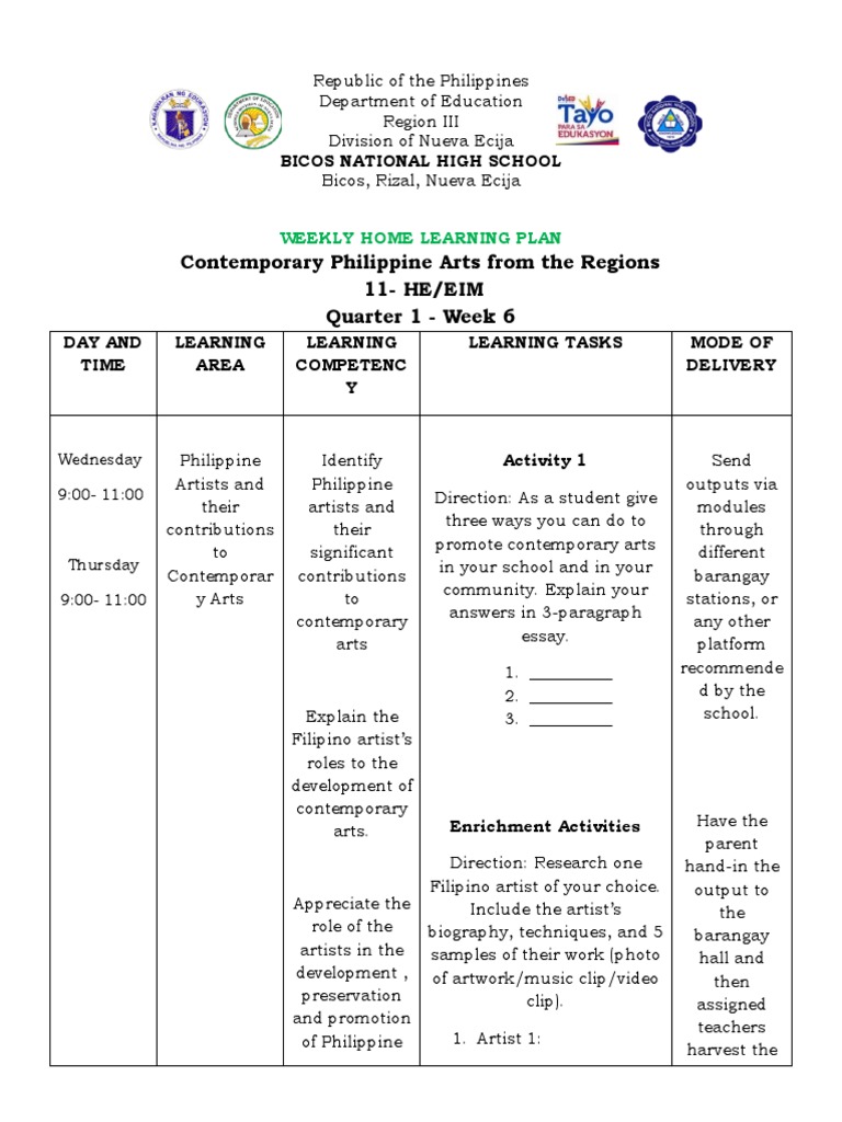 Promoting Contemporary Philippine Arts in the Community: A Weekly Home Learning Plan for ...