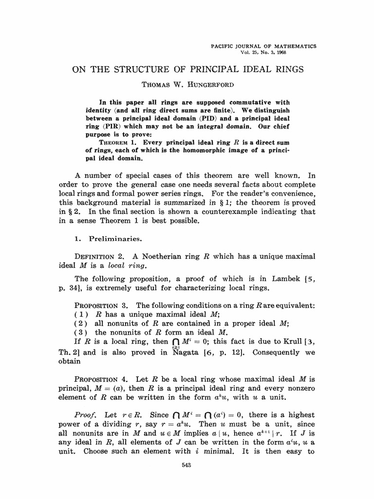 On The Structure of Principal Ideal Rings: Thomas W. Hungerford | PDF ...