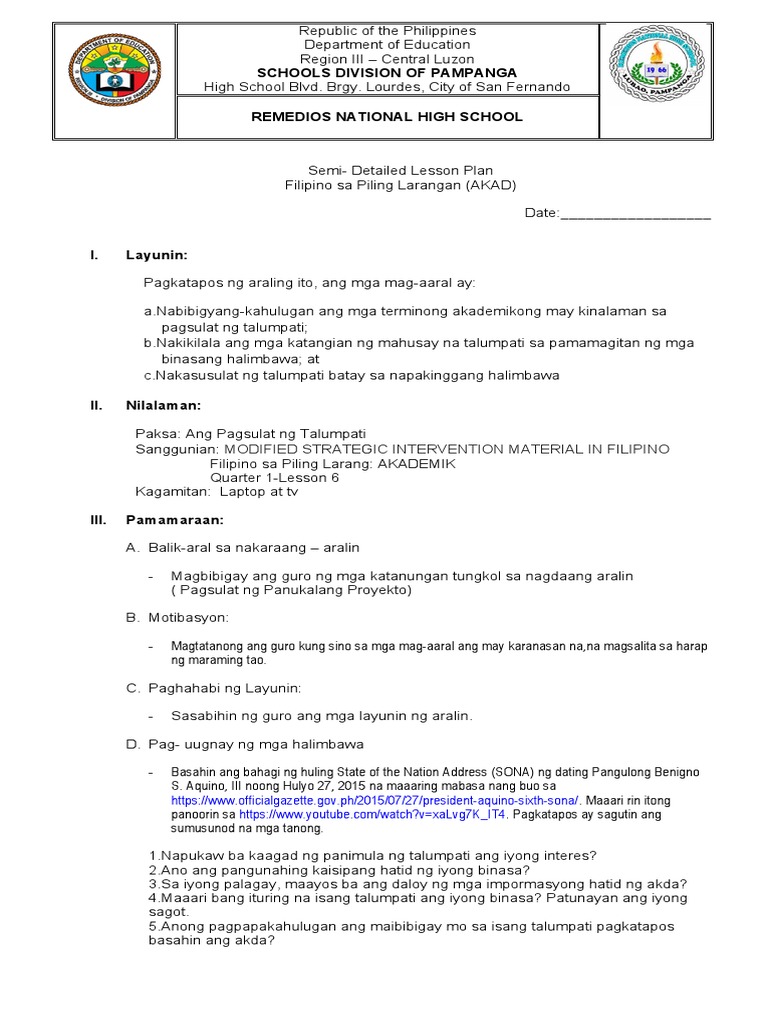 Lesson Plan in Piling Larang | PDF