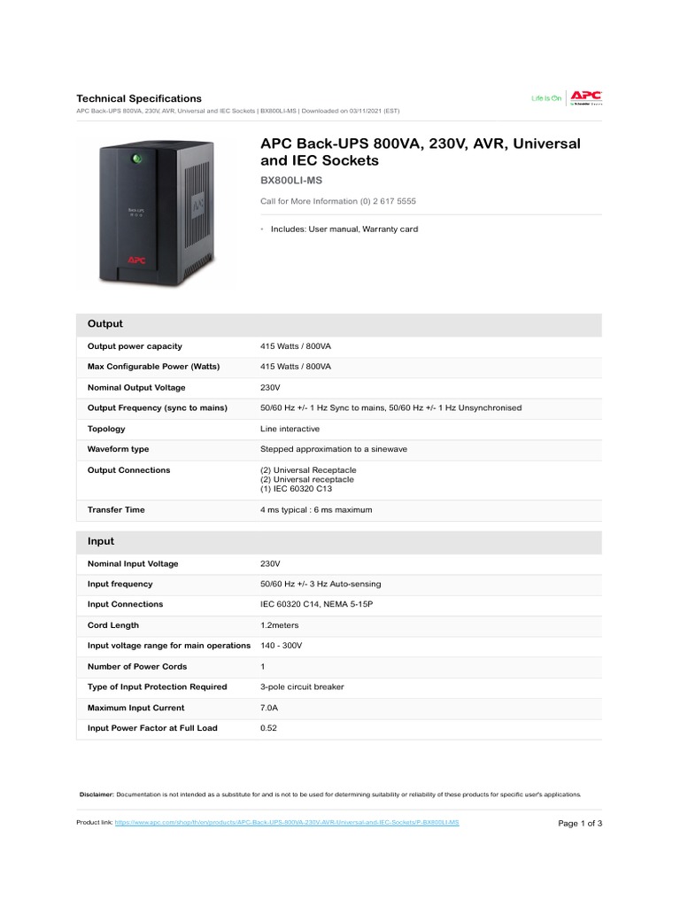Apc Bx800li-Ms | PDF