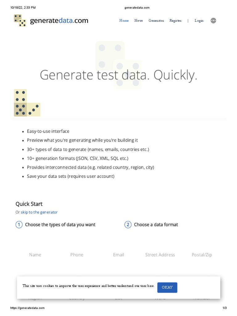 Generate Test Data. Quickly.: Quick Start | PDF | Json | Http Cookie Generate Test Data. Quickly.: Quick Start | PDF | Json | Http Cookie