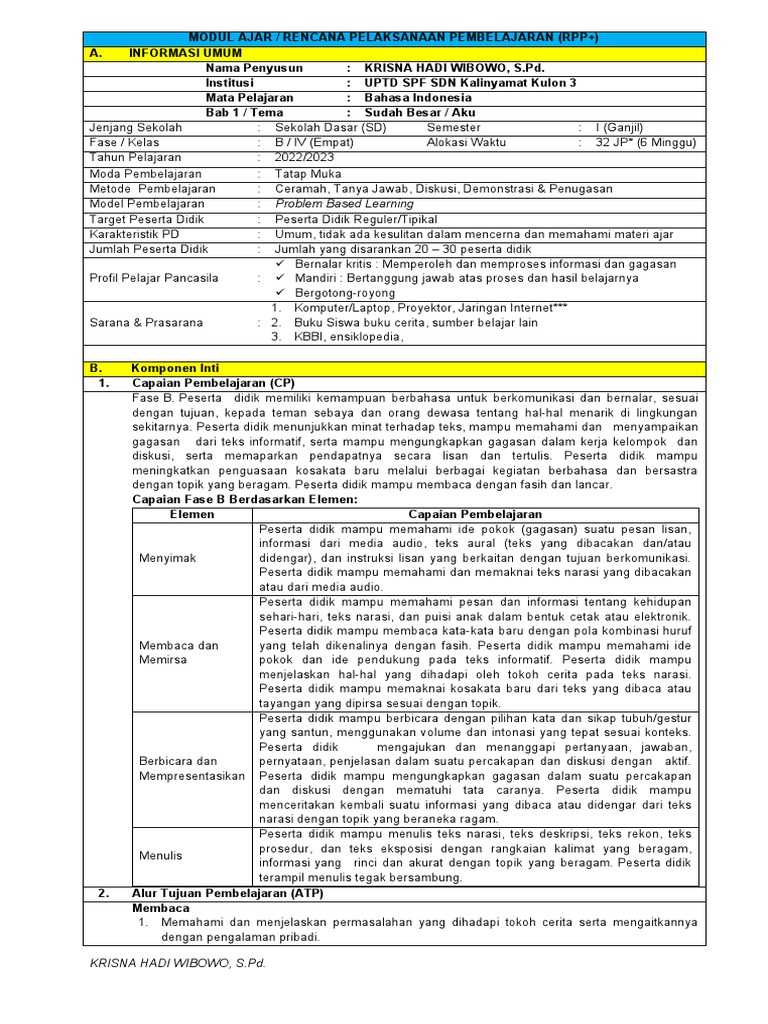 RPP Bahasa Indonesia Kelas 4 Semester 1 Kurikulum Merdeka | PDF ...