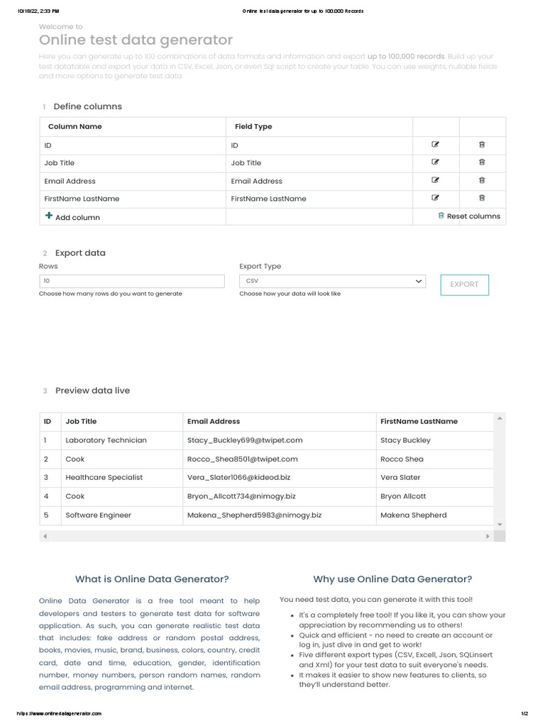 Online Test Data Generator For Up To 100.000 Records | PDF