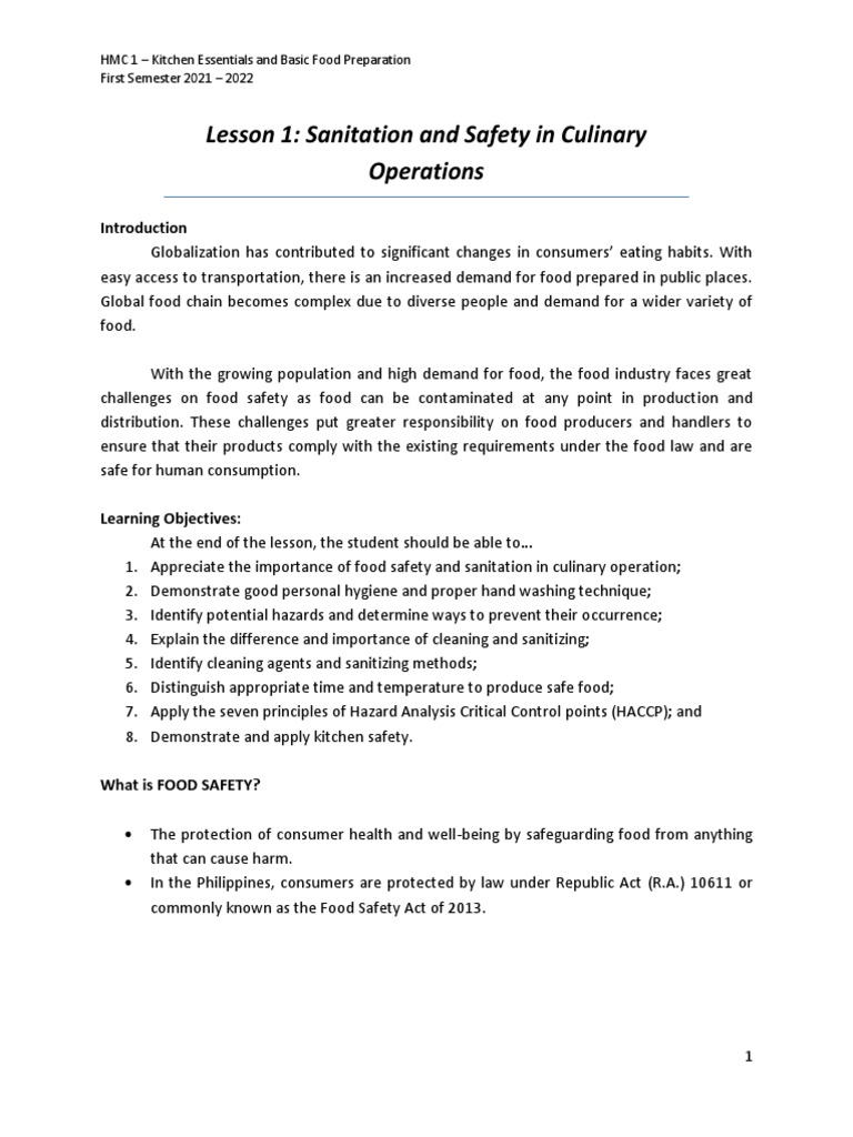 Lesson 1 - Sanitation and Safety in Culinary Operations | PDF