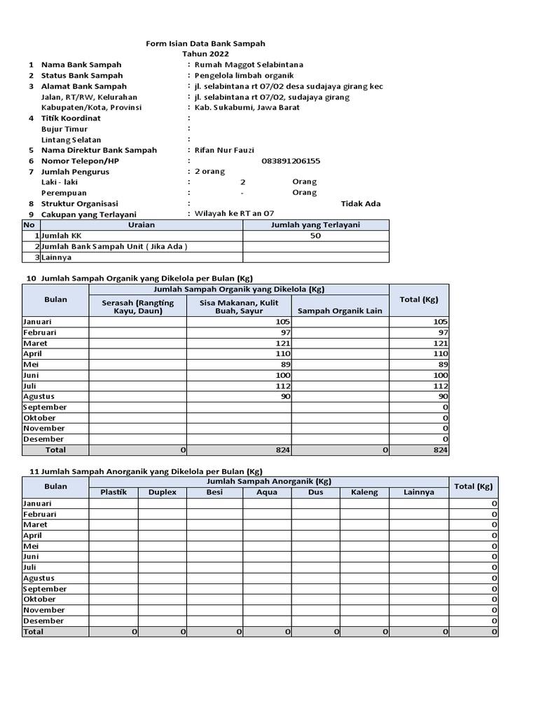 Form Isian Bank Sampah Tahun 2022 | PDF