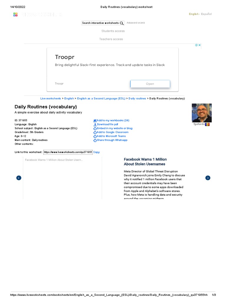 Daily Routines (Vocabulary) Worksheet | PDF