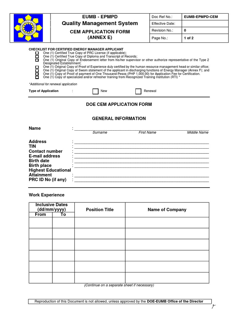 CEM Annex E CEM Application Form | PDF