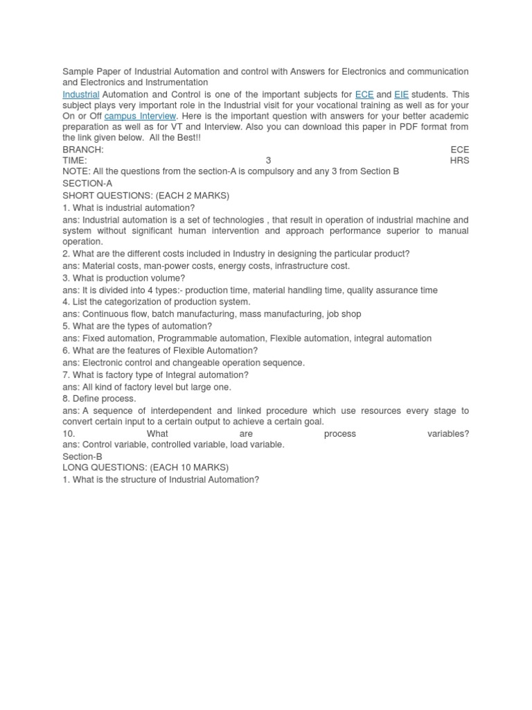 Industrial Automation Sample Paper with Answers | PDF | Programmable ...
