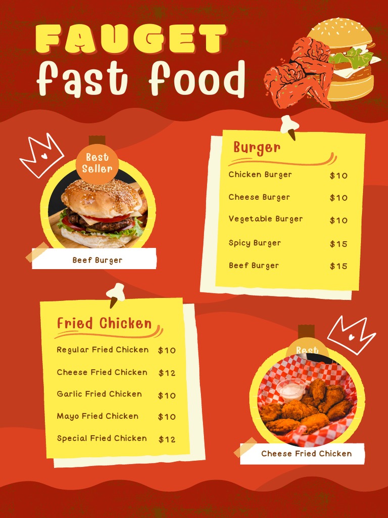Red Orange Illustration Fast Food Menu | PDF