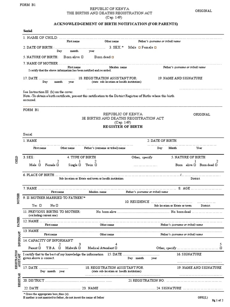 41 Birth Acknowledgement of Birth Notification For Parents Form B1 ...
