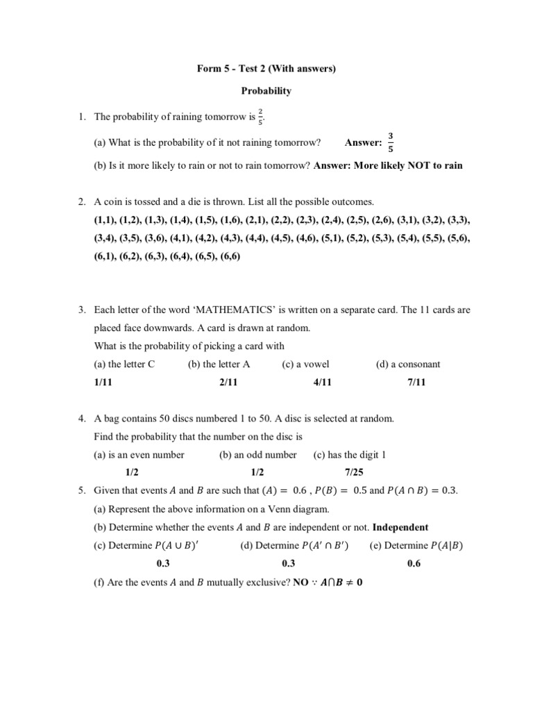 CXC Probability test (With Answers)