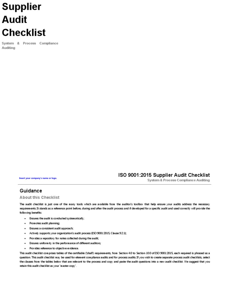 ISO 9001:2015 Supplier Audit Checklist | PDF | Audit | Iso 9000