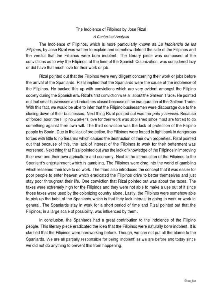 The Indolence of Filipinos by Jose Rizal - Analysis | Download Free PDF ...