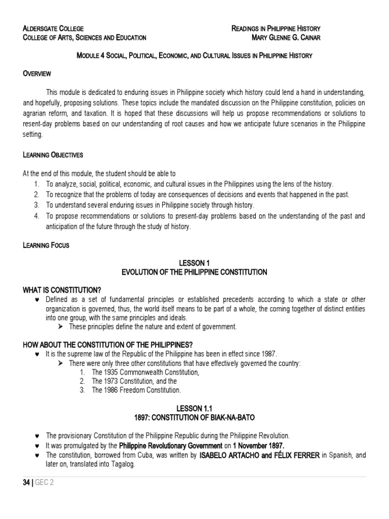 Module 4 Social, Political, Economic, and Cultural Issues in Philippine History | PDF ...