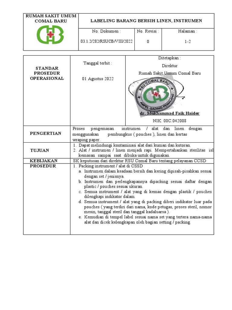 Labeling Barang Bersih Linen, Instrumen | PDF