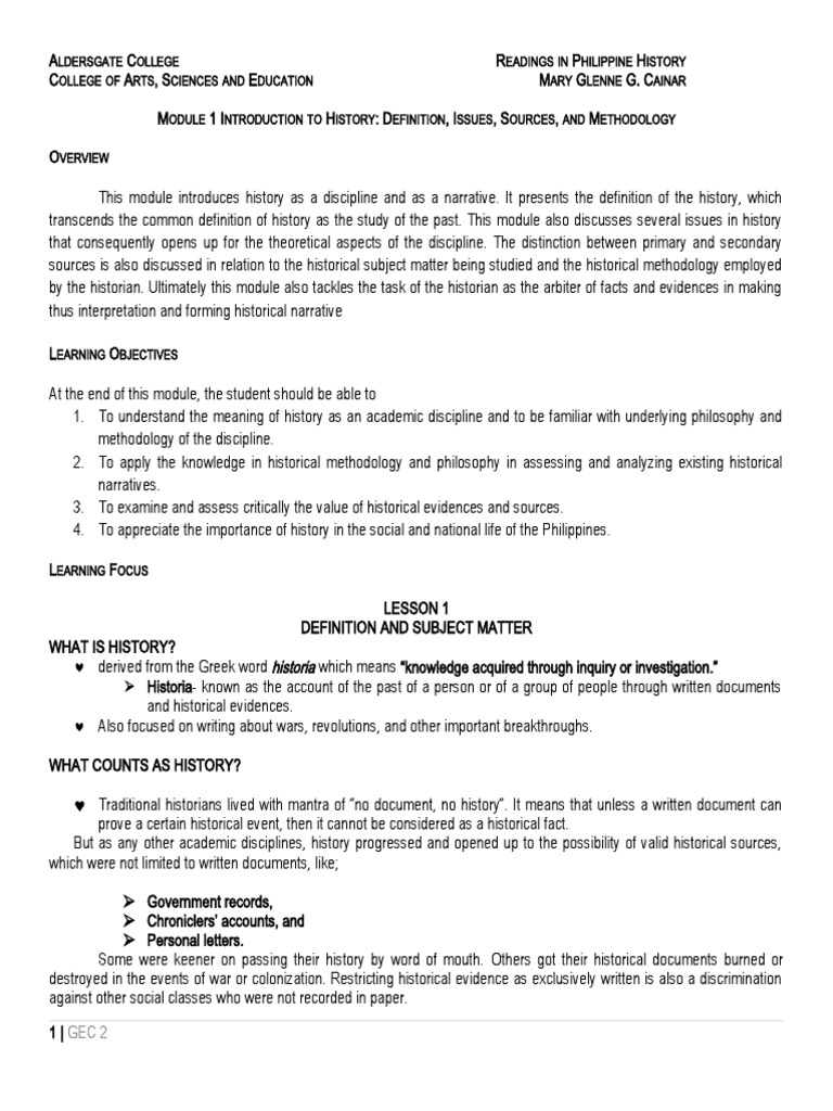 Introduction to Philippine History Module | PDF | Historian | Primary ...