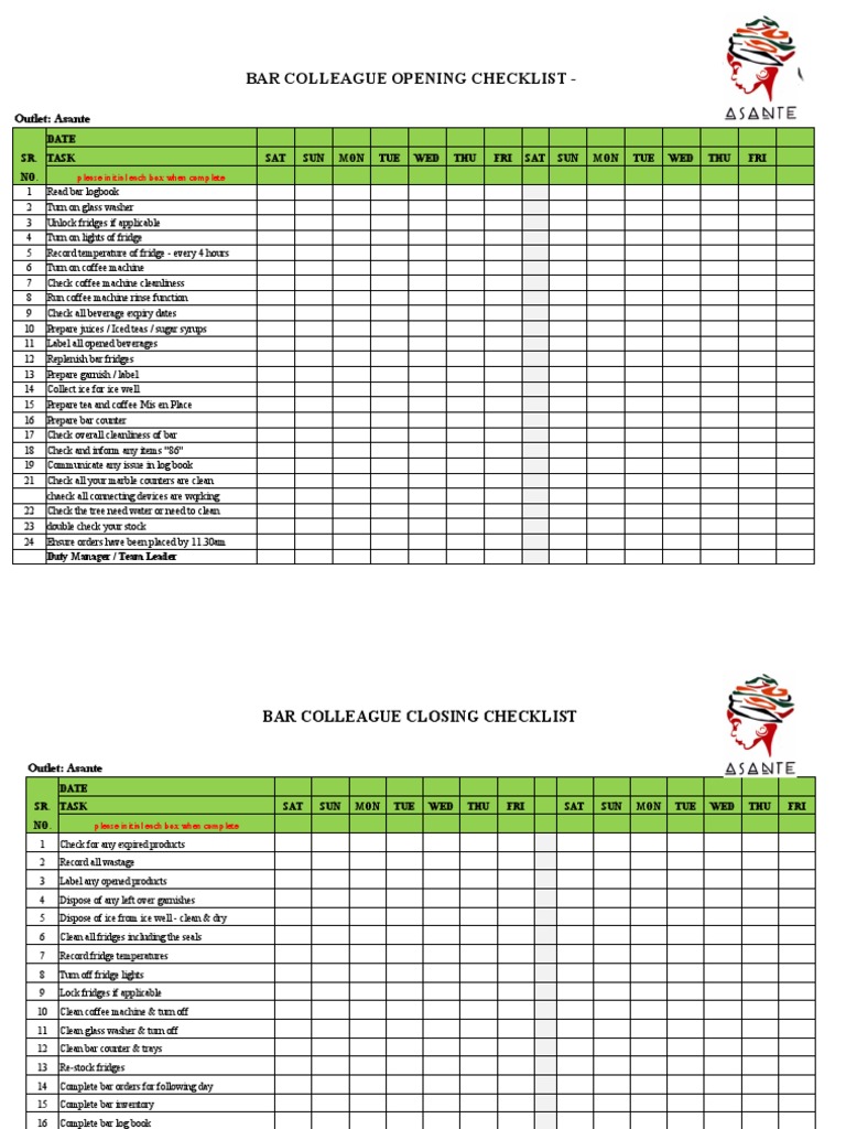 Bar Opening and Closing Checklist Sept 2011 | PDF | Nutrition | Diet ...