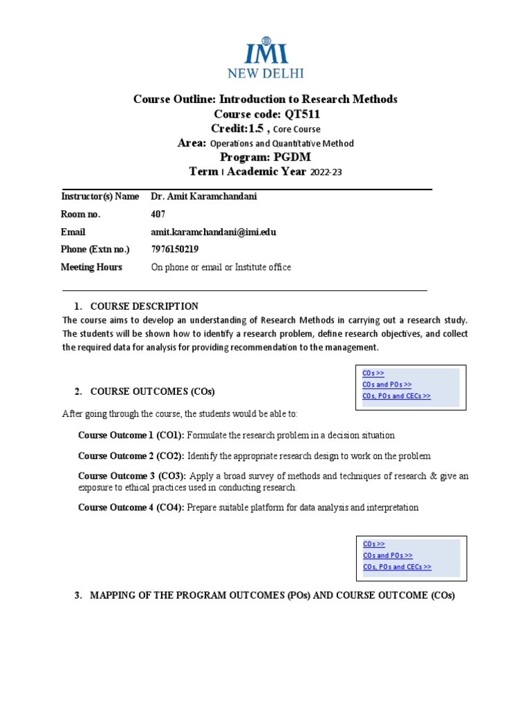 Course Outline: Introduction To Research Methods Course Code: QT511 ...