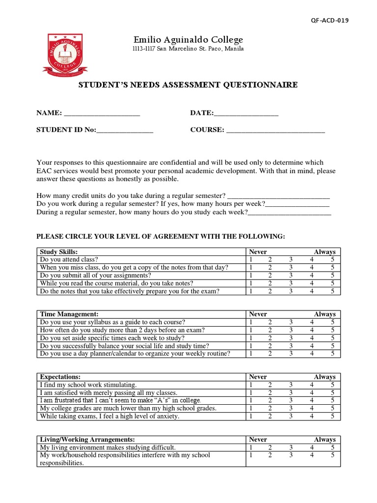 QF ACD 019 Students Needs Assessment Questionnaire | PDF | Cognition ...