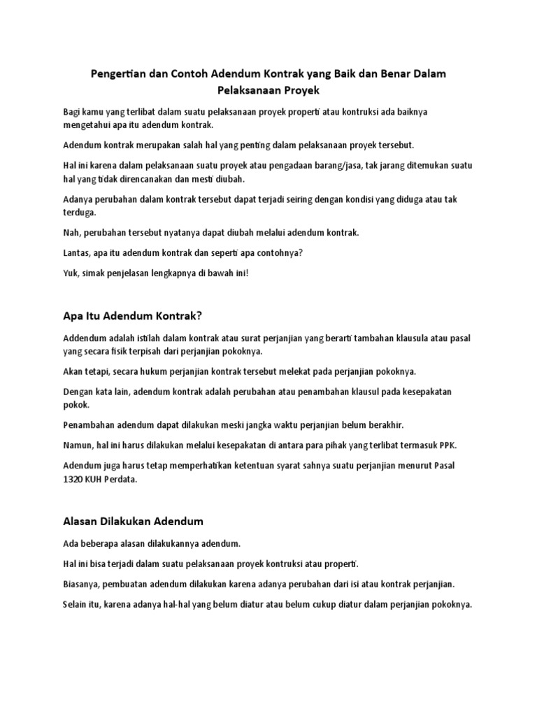 Contoh ADENDUM Perjanjian Kontrak | PDF | Hukum