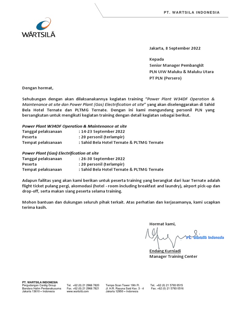 Surat Undangan Training Wartsila - PLN Ternate | PDF