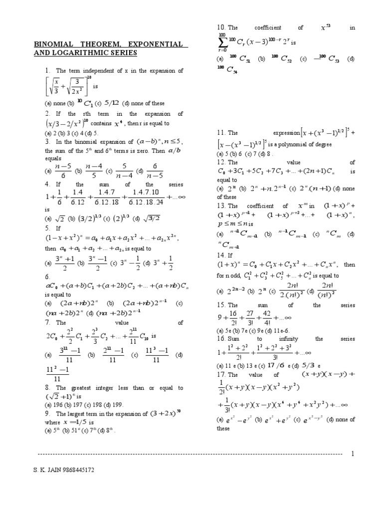 Binomial Theorem, Exponential and Logarithmic Series: TH TH | PDF ...