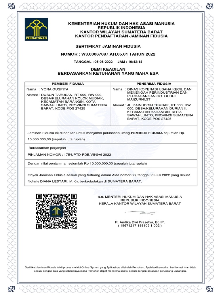 Sertifikat Pendaftaran Fidusia | PDF