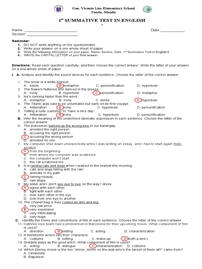 1st Summative Test in in English 6 Q1 Answer Key (1) | PDF | Juice ...