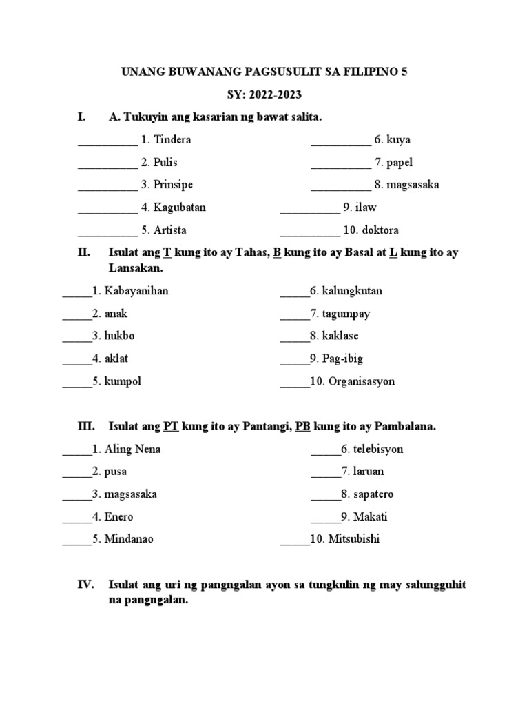 Test Filipino 5 | PDF