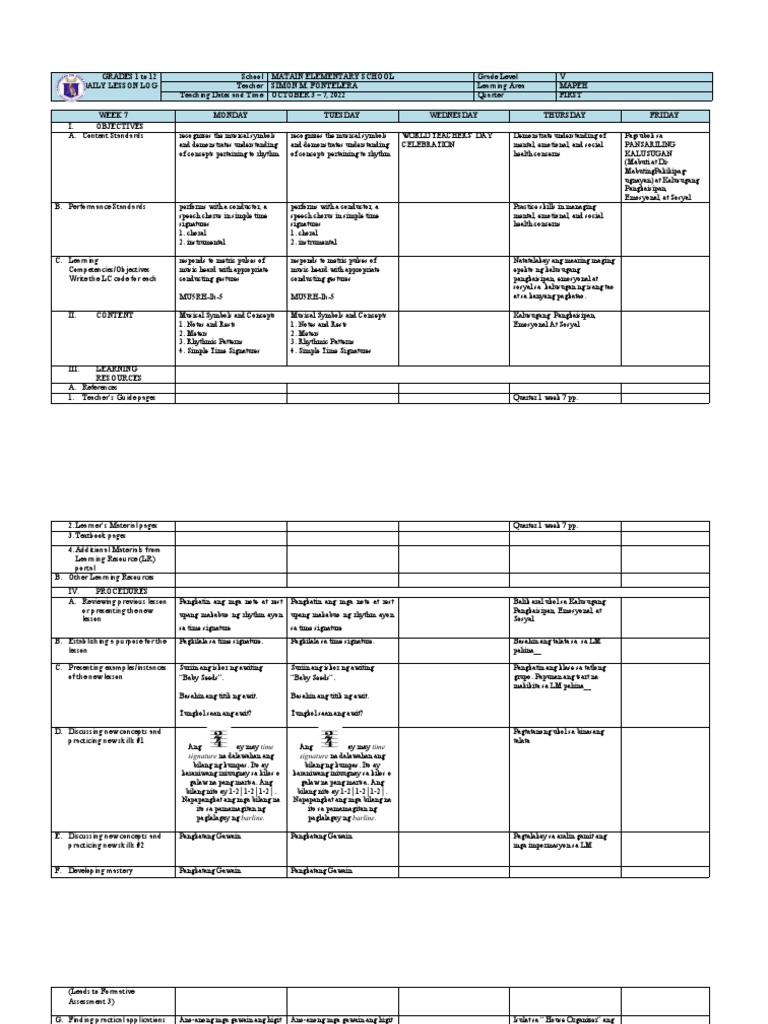 MAPEH 5 Q1 Week 7 DLL | Download Free PDF | Conducting | Teachers