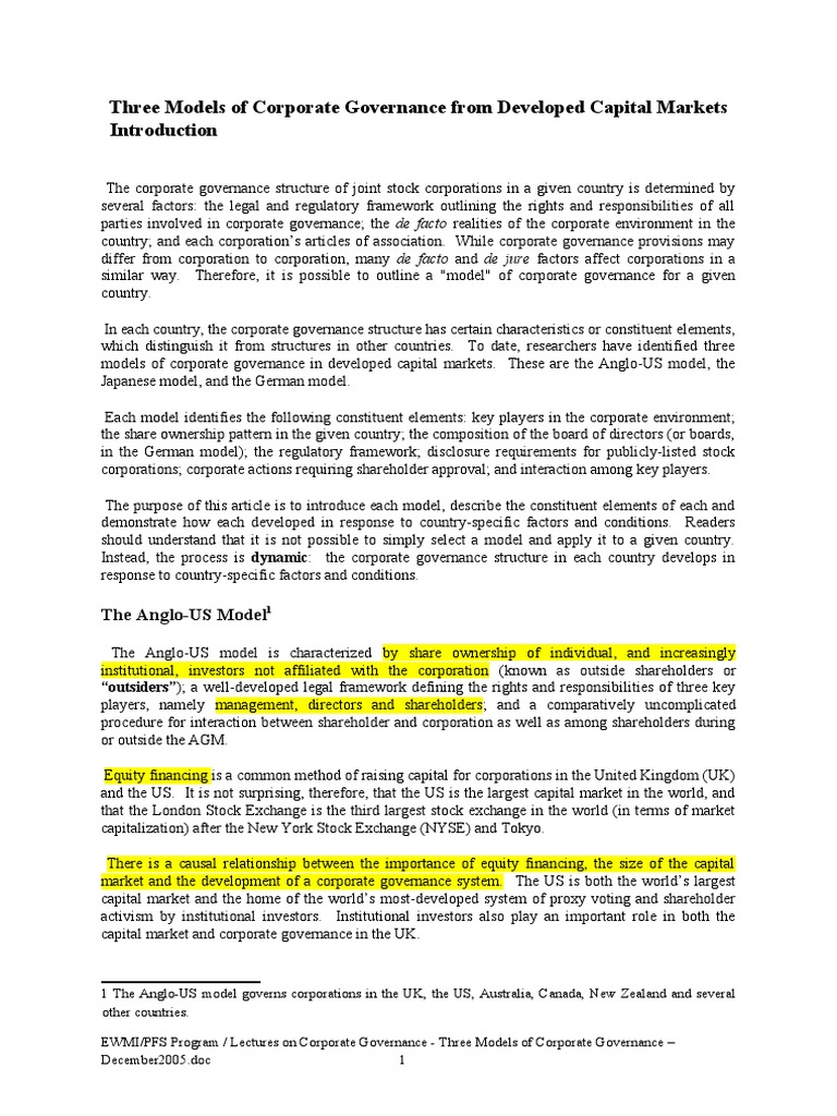 Three Models of Corporate Governance January | PDF | Corporate ...