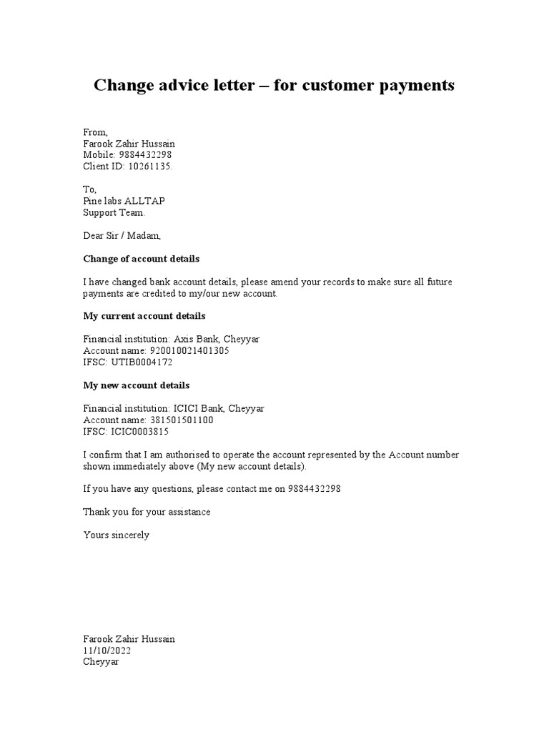 Change Advice Letter For Customer Payments | PDF
