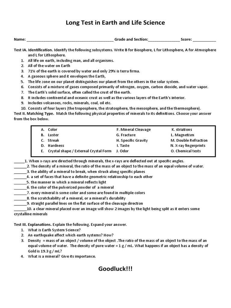Long Test in Earth and Life Science | PDF | Earth | Minerals