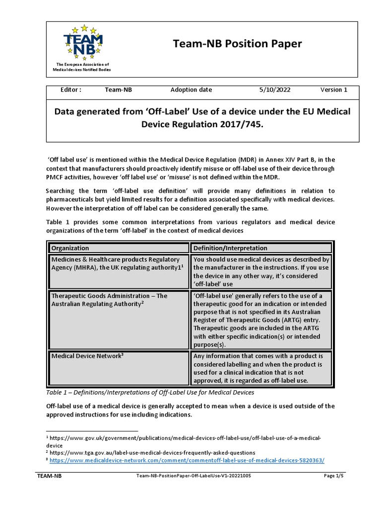 Team NB PositionPaper Off LabelUse V1 20221005 | PDF | Medical Device | Evidence Based Medicine