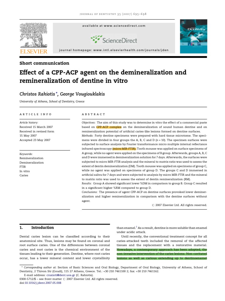 Rahiotis2007 CPP Acp Dentin Re | PDF | Tooth Enamel | Chemistry