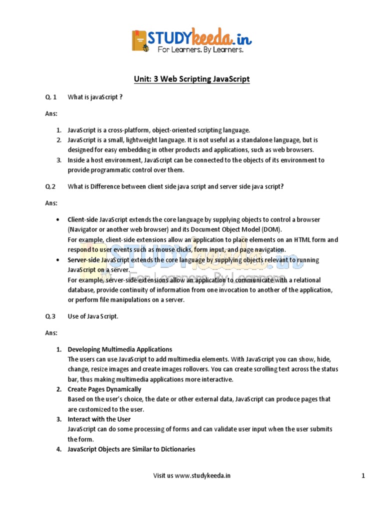 Javascript Notes 1 | Download Free PDF | Java Script | Dynamic Web Page Javascript Notes 1 | Download Free PDF | Java Script | Dynamic Web Page