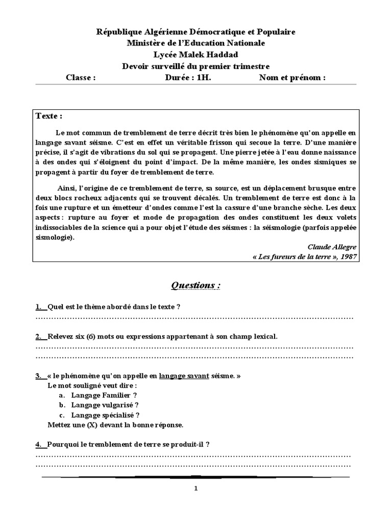 Devoir Surveillé Du Premier Trimestre 1AS Corrigé | PDF | Sismologie | Tremblements de terre