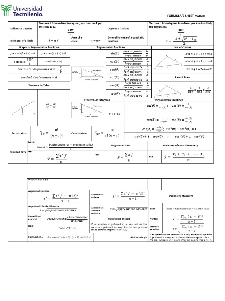 FORMULA S SHEET Math III | PDF | Trigonometric Functions | Mathematical Objects