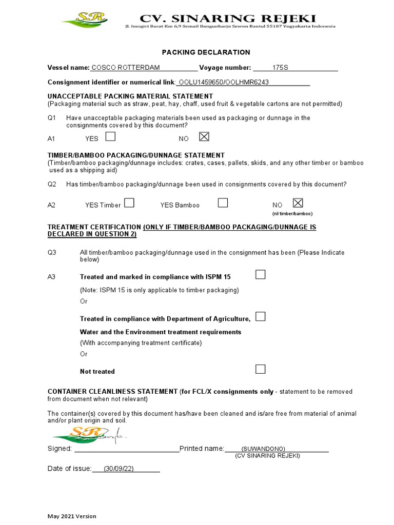 Packing Declaration for COSCO ROTTERDAM Voyage 175S: Timber Packaging ...