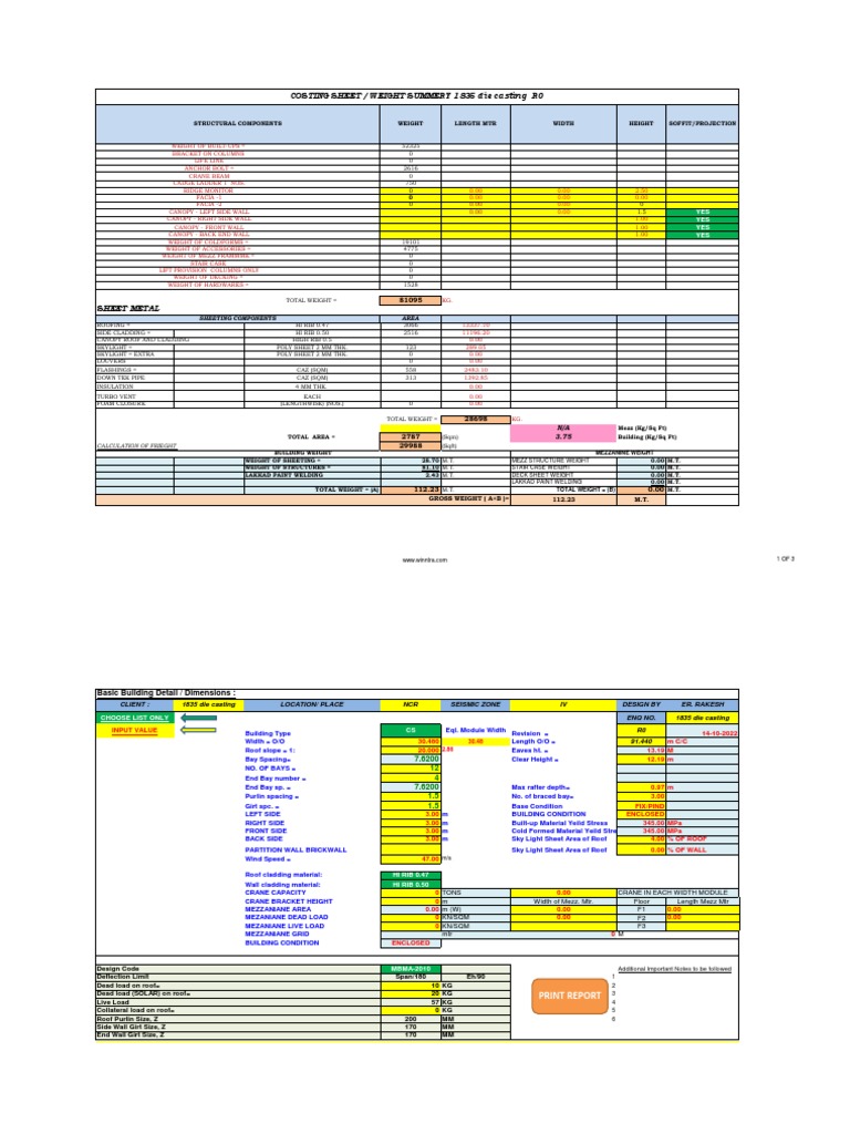 Costing Sheet and Weight Summary for an 1835 Die Casting R0 Structural ...