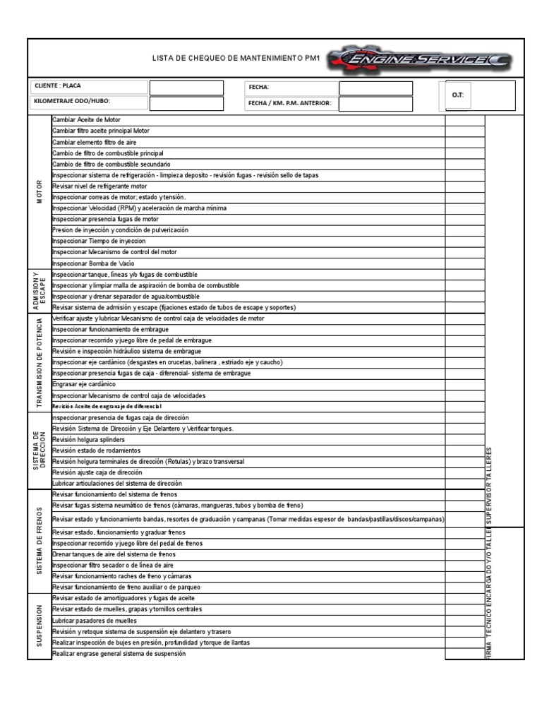 Lista de Chequeo de Mantenimiento PM1 | PDF | Inyección de combustible | Industria automotriz