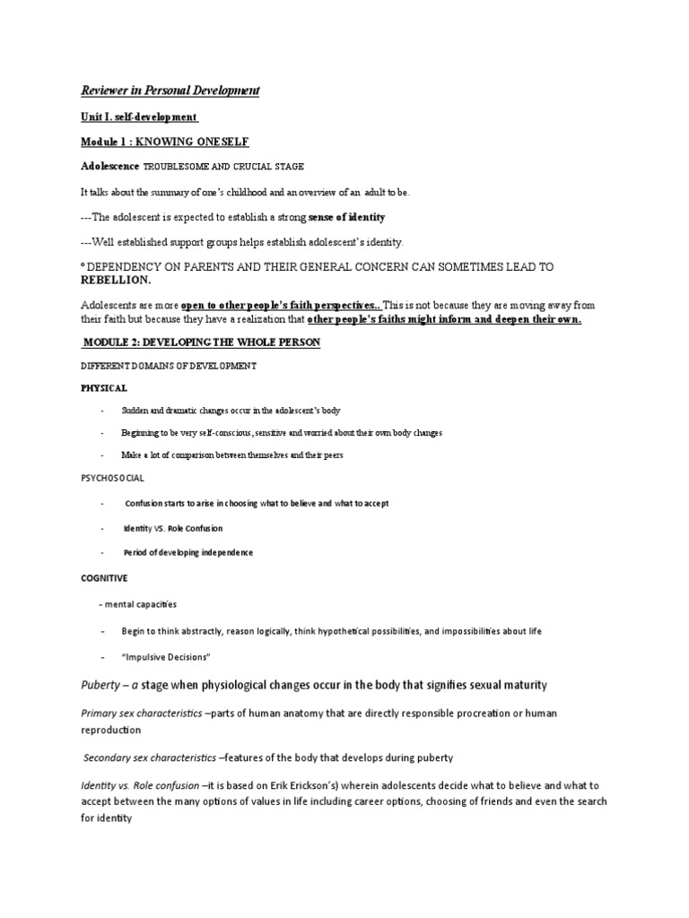 Reviewer in Personal Development | PDF | Adolescence | Emotions