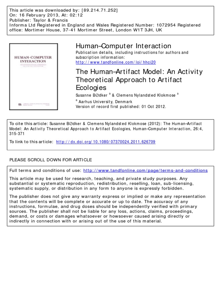 Readings - Bodker Klokmose (2012) The Human-Artifact Model - An Activity Theoretical Approach To ...