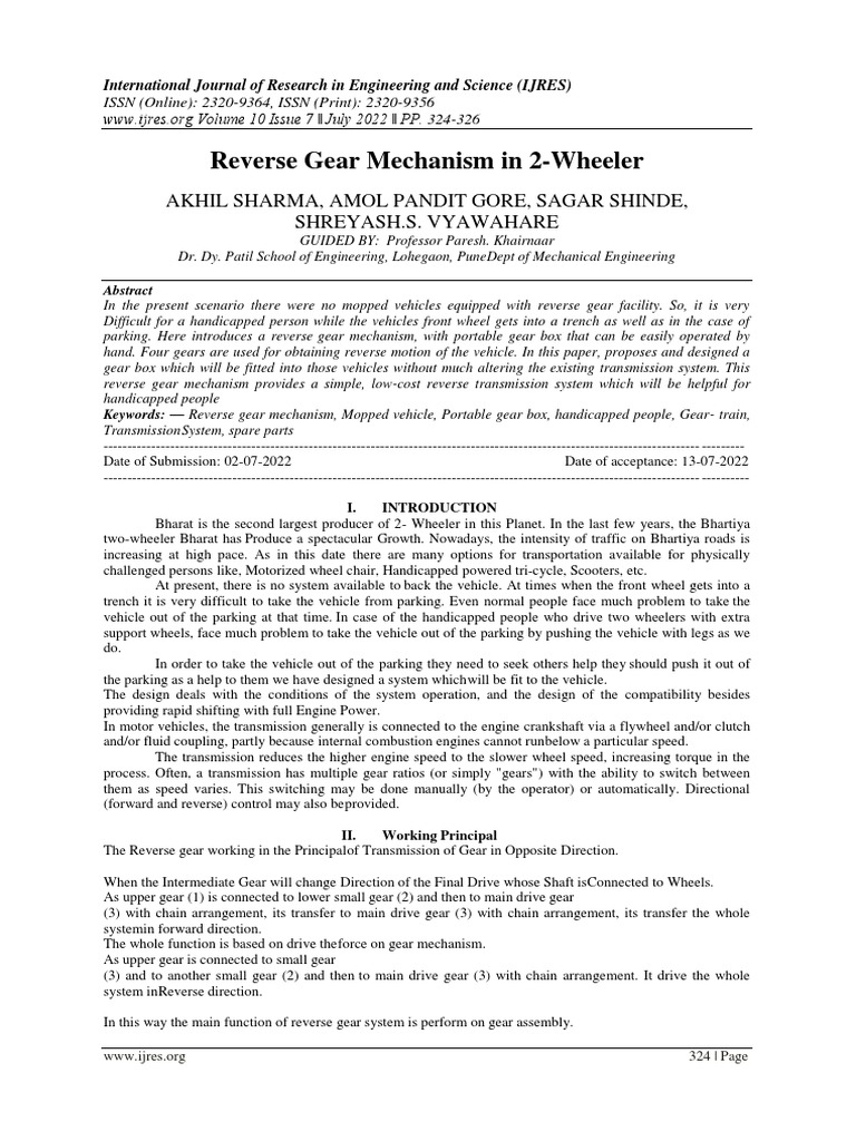 Reverse Gear Mechanism in 2 Wheeler | PDF